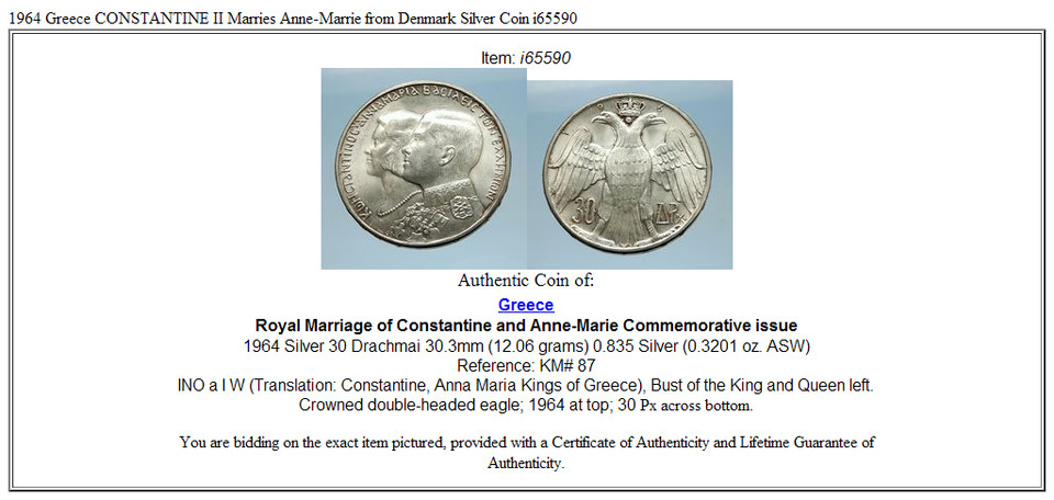 1964 Greece CONSTANTINE II Marries Anne-Marrie from Denmark Silver Coin ...