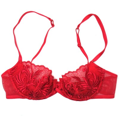 Victoria's Secret Bra Balcony Underwired Lace Embroidered Bow Mesh Red ...
