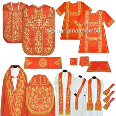 Red Solemn Latin High Mass Vestment Set Fiddleback,Dalmatic,Tunicle ...