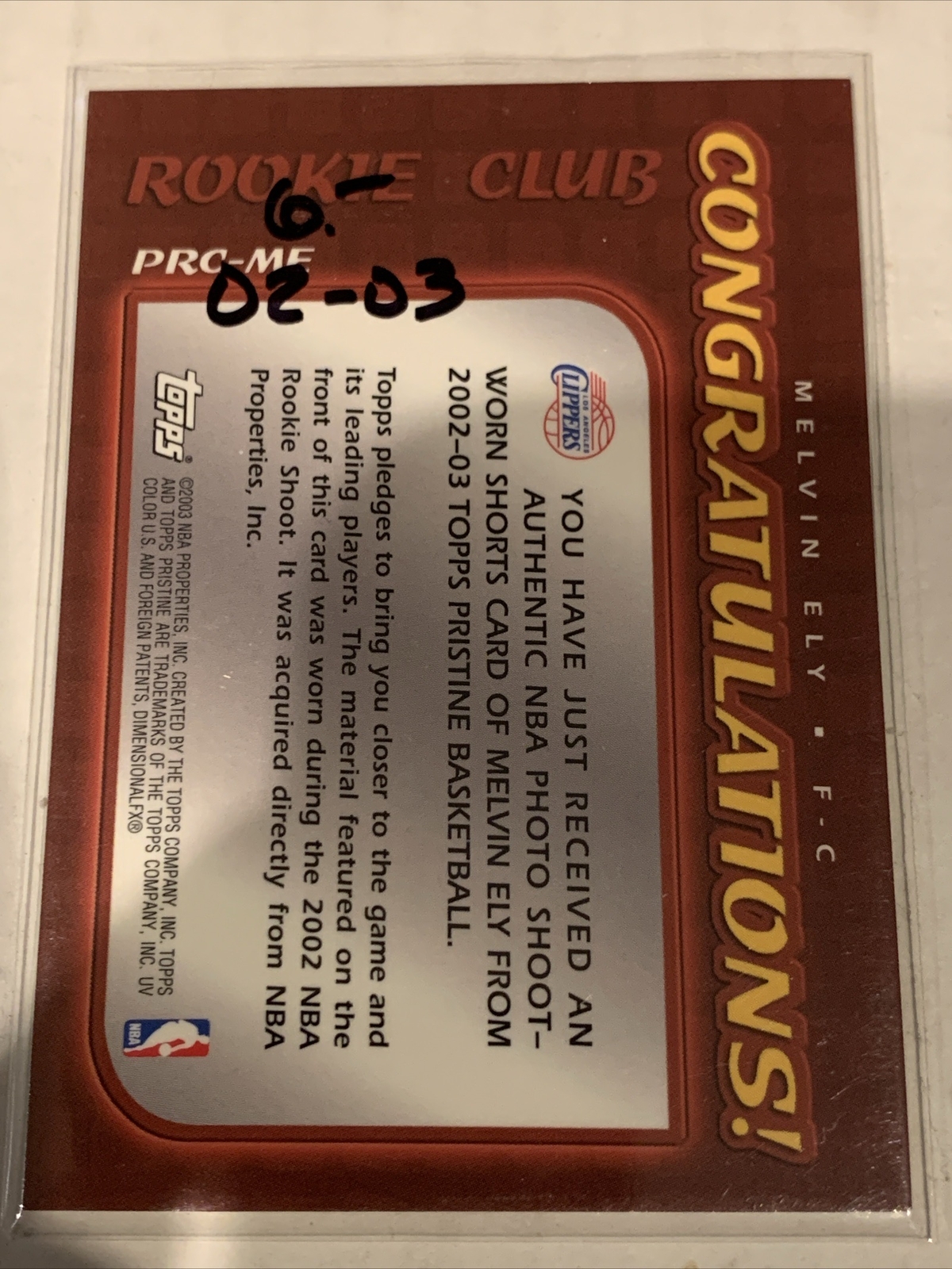 2002-03 Topps Pristine Rookie Club /Photo Shoot-Worn Shorts Melvin Ely ...