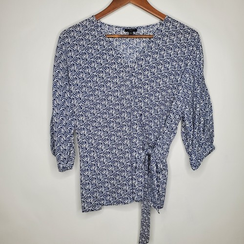 Talbots Womens Blue Geometric Wrap Top Size M Petite V Neck 3/4 Sleeve ...