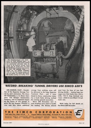 1957 Hyperion Sewage Plant Tunnel Los Angeles Photo Eimco 630 Excavator ...