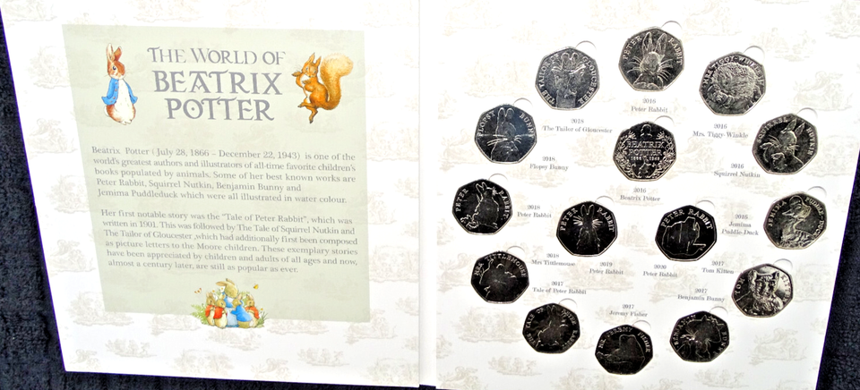 BEATRIX POTTER 15 X 50p COIN FULL SET UNCIRCULATED IN ALBUM INCL. 2019 ...