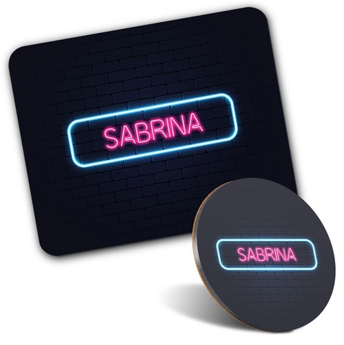 1 Mouse Mat & 1 Round Coaster Neon Sign Design Sabrina Name #353473 ...