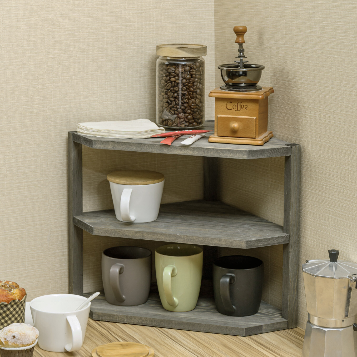 3-Tier Vintage Gray Wood Tabletop Shelving, Kitchen Counter Organizer ...