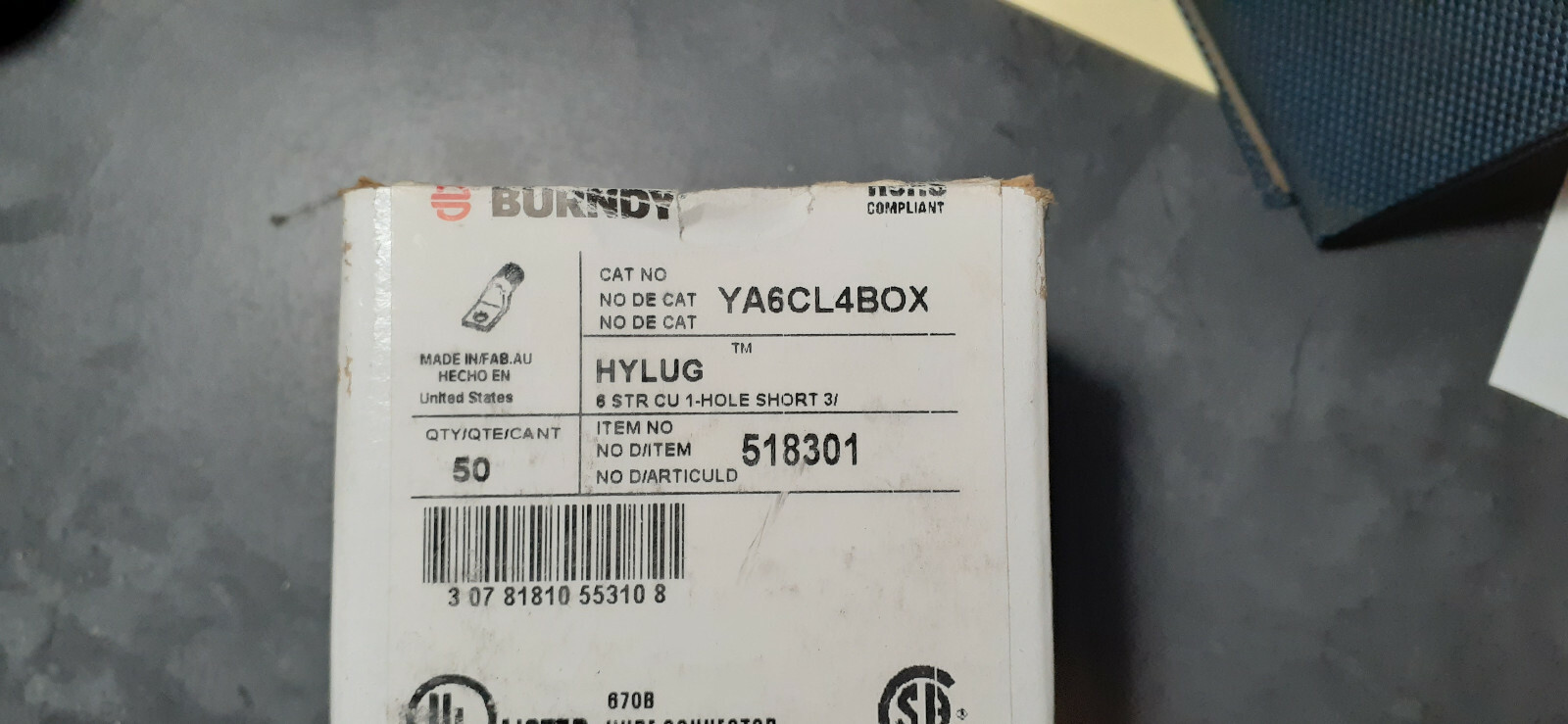 Burndy YA6CL4 compression lugs 6AWG 3/8 single hole short barrel. box ...