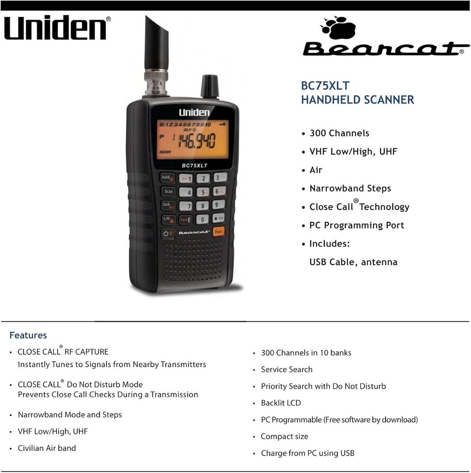 Uniden Bearcat BC75XLT Handheld Scanner, 300 Channels, 10 banks, | eBay