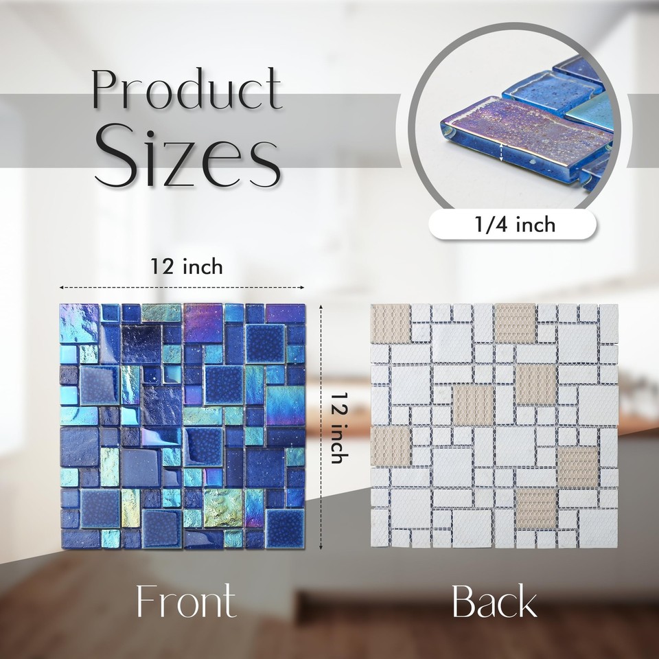 Blue Glass Mosaic Tiles French Pattern Square Mosaics Sheets Iridescent ...