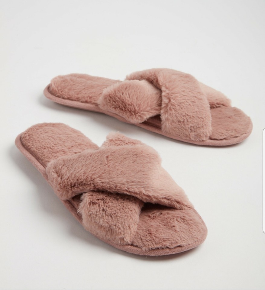 Ladys Woman's Pink Cross Over Faux Fur Open Toe Slider SlippersSize L 7 ...