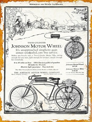 1920 Johnson Motor Wheel Co. Bicycle Motor Attachment New Metal Sign ...