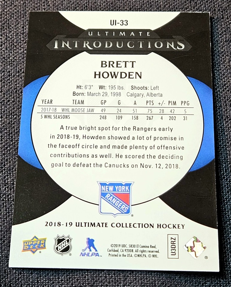 2018-19 UD Ultimate Black /25 Onyx Brett Howden Rookie Introductions RC ...
