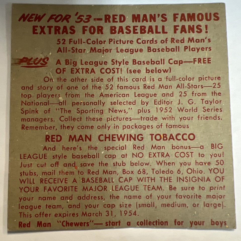 1953 Red Man Stan Musial #26 St. Louis Cardinals HOF No Tab | eBay