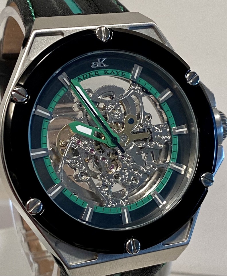50mm Auto Green Skeleton Silvertone | Black Strap ADEE KAYE Mens ...