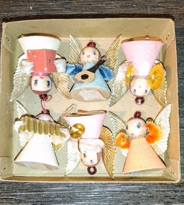 Vintage Spun Cotton Putz Angel W Instruments Christmas Ornaments W Box ...