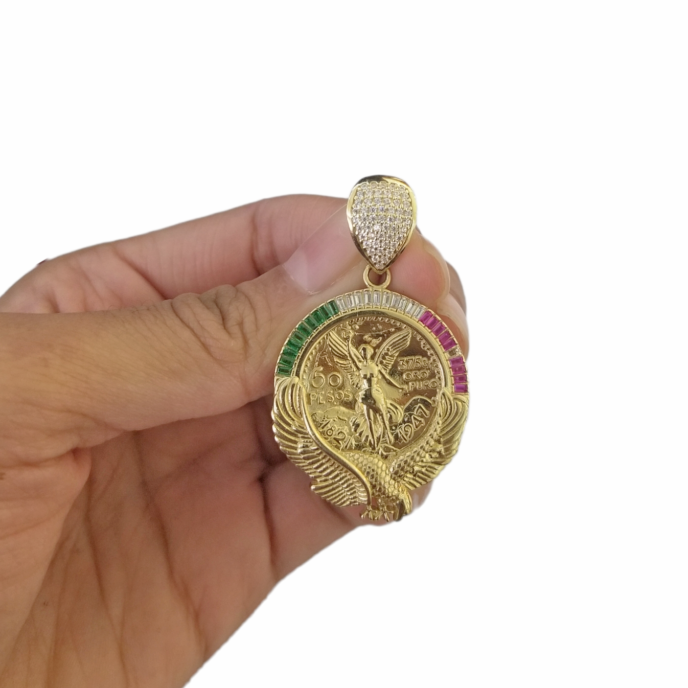 10k Yellow Gold 50 Pesos Charm Pendent 4mm Palm Chain 22" Inch Necklace ...