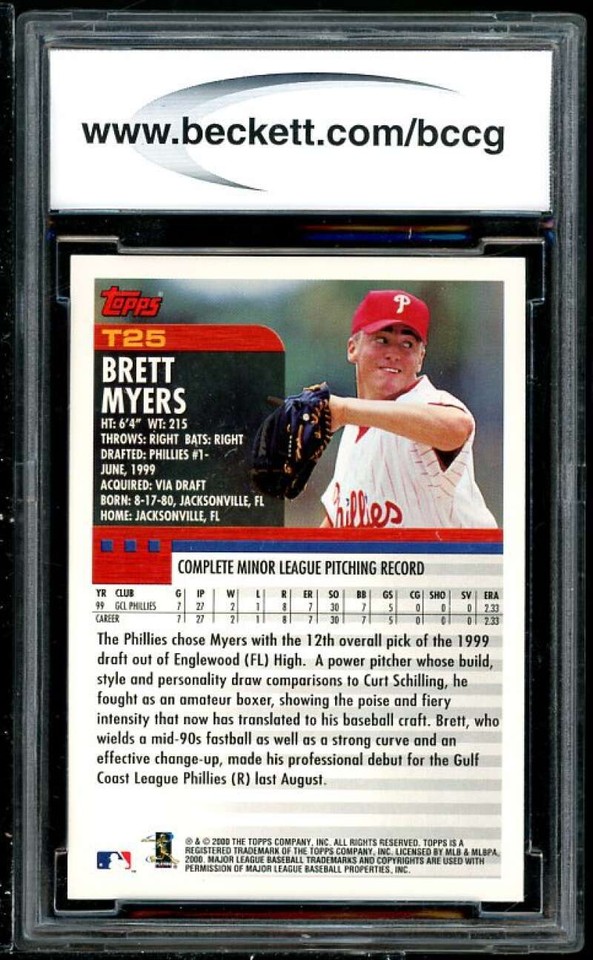 Brett Myers Rookie Card 2000 Topps Traded #T25 BGS BCCG 10 (Read ...