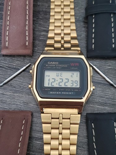 Casio A159WGE (593) Men's Gold Chronograph LCD Water Resist Steel Watch ...