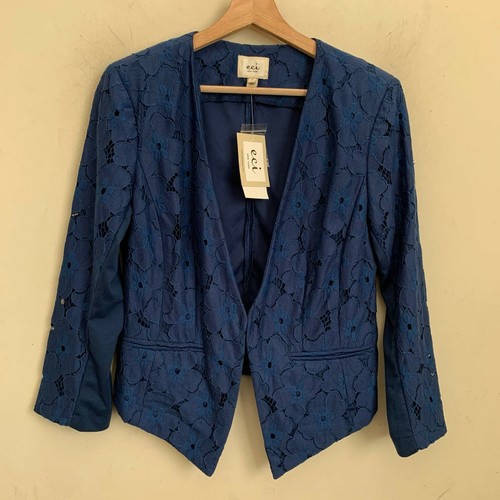 ECI New York Womens Jacket Blue V-Neck Lace 3/4 Sleeve Hook Lined Size ...