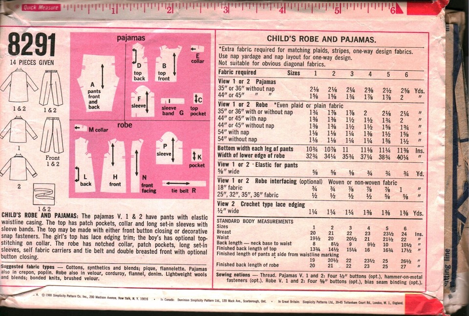 8291 Vintage Simplicity Sewing Pattern Girls 1960s Robe Pajamas Top ...