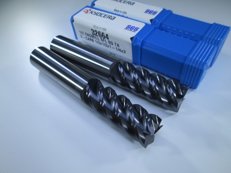 LOT ( 2 ) KYOCERA SGS 32664 V-CARB SOLID CARBIDE 1/2" 5 FLUTE END MILLS ...