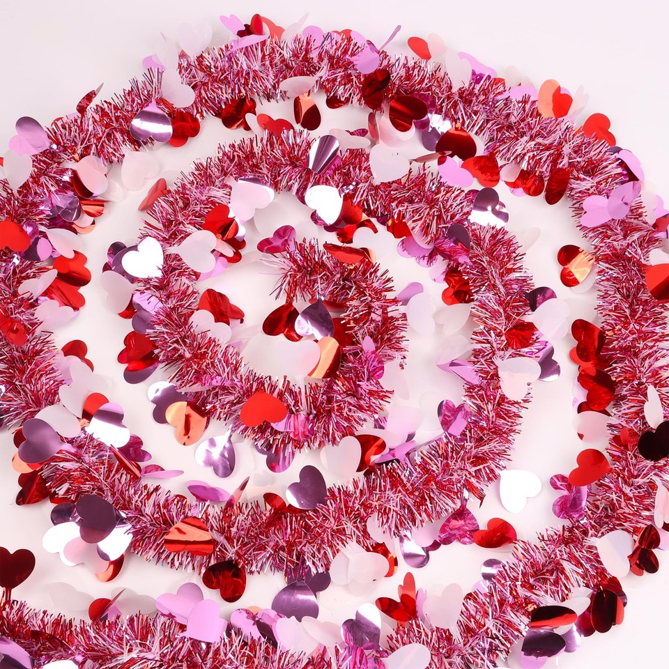 50FT Valentines Day Decor Tinsel Garland Red Pink White Heart Metallic ...