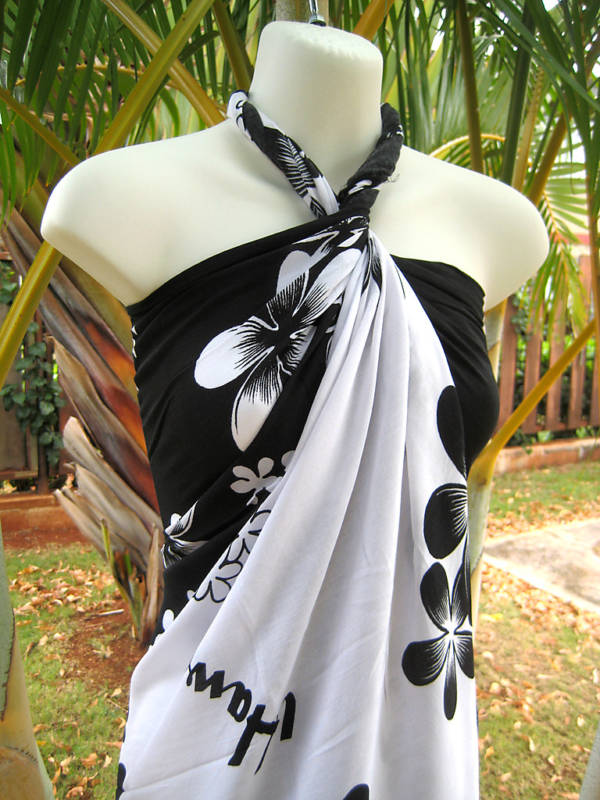Hawaii Sarong Pareo Beach Pool Black White Plumeria Hawaiian Luau Wrap ...