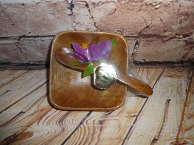 Vintage Monkey Pod Small Square Bowl & Spoon 4" x 1.75" Flower | eBay