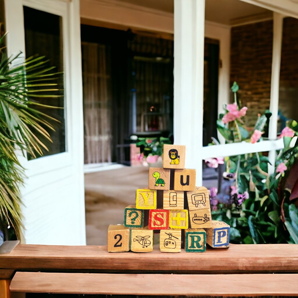 Alphabet Blocks Wood Wooden Building Block With Bucket Lid Handle VTG ...