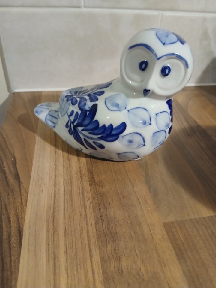 Vintage Blue White Ceramic Owl Figurine Ornament Handpainted Bird Home ...