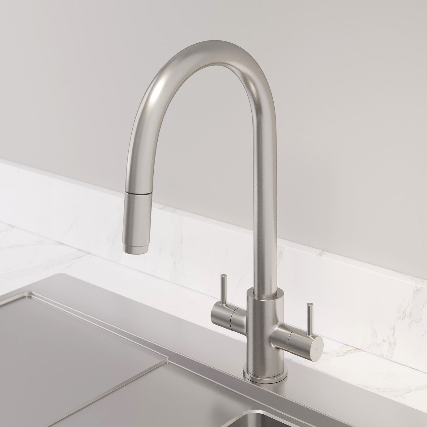 Modern Kitchen Tap Double Lever Pull out Spout Brushed Finish Hot and ...