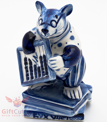 Gzhel Mice rat Accountant abacus Крыса Канцелярская porcelain figurine ...