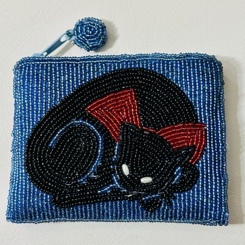 Vtg Glass Seed Bead Coin Purse Black Cat Red Bow Blue Wallet Fully ...