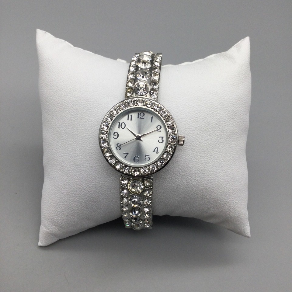 Bling Watch Women 26mm Crystal Silver Tone Open Cuff New Battery | eBay