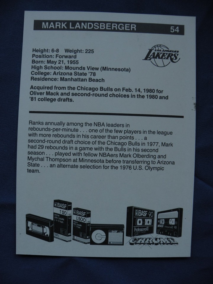1982/83 BASF L.A. Lakers Mark Landsberger #54 5X7 color photo NBA ...