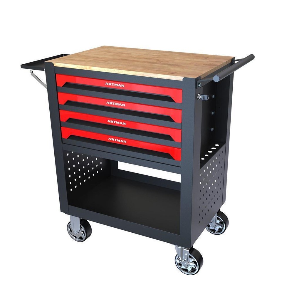Heavy Duty Tool Cart With 4 Drawers / Wheels / Wooden Top Tool Storage ...