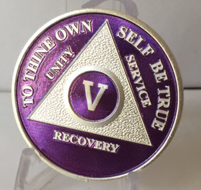 Purple & Silver Plated 5 Year AA Chip Alcoholics Anonymous Medallion ...