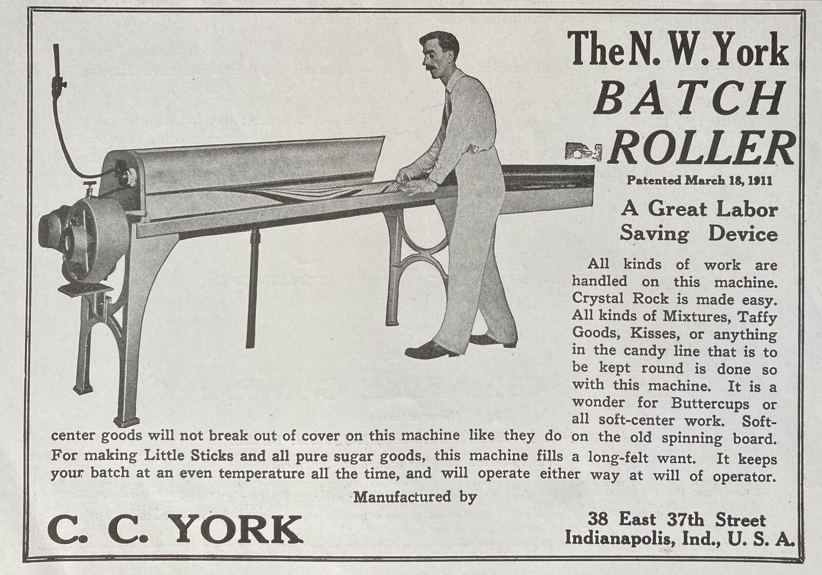 1927 AD.(XG15)~C.C. YORK CO. INDIANAPOLIS, IND. CANDY BATCH ROLLER MACHINE | eBay