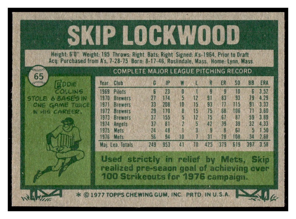 1977 Topps 65 Skip Lockwood New York Mets | eBay