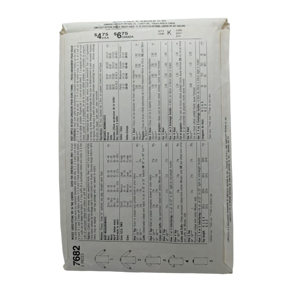 Simplicity 7682 Top 2 Lengths 5 Sleeve Versions TSSKO S M L XL Uncut ...