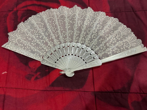 Folding Hand Fan White w/Silver Color Glitter open size 16.5x9" | eBay