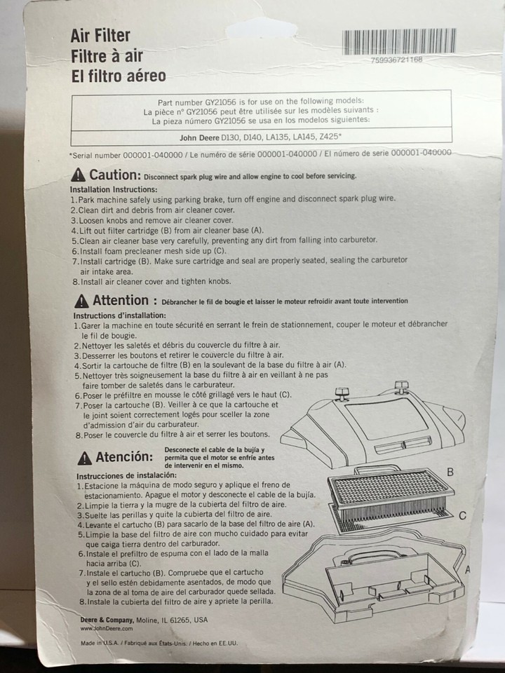 Genuine OEM John Deere Air Filter GY21056 GY20575 22 & 23 HP MIU11286 ...