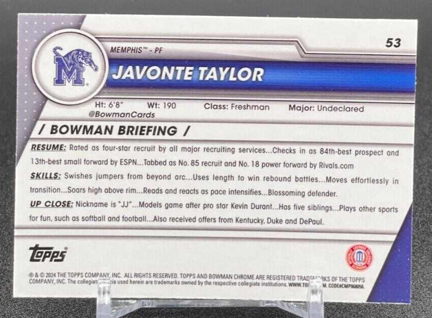 2023-24 Bowman Chrome University Javonte Taylor X-Fractor #53 Memphis ...