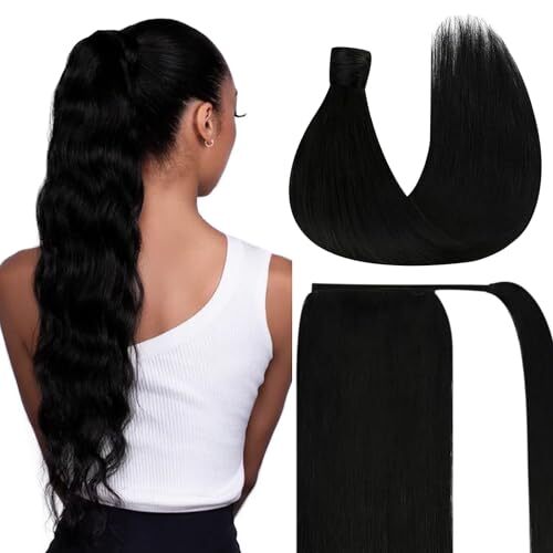 Human Hair Ponytail Extension Black Wrap Around Real Hair 18 Inch Pony ...