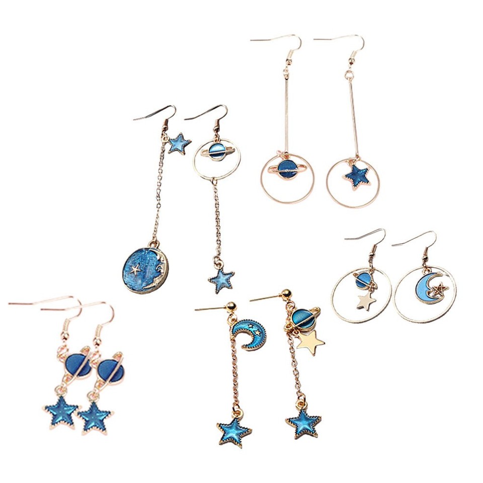 5 Pairs Solar System Earrings for Women Asymmetrical Star and Moon ...