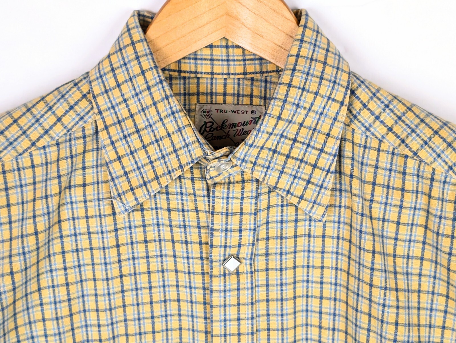 VTG Tru West Rockmount Ranch Wear Yellow Blue Plaid Diamond Snaps 6453 ...