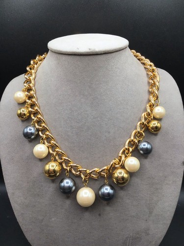 Vintage 90s Chunky Chains & Pearls Bauble Necklace Gold Tone ...