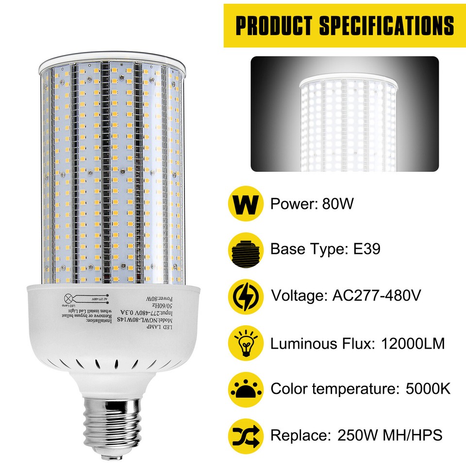 480V LED Corn Light Bulbs 80W E39 Mogul Base Commercial Warehouse ...