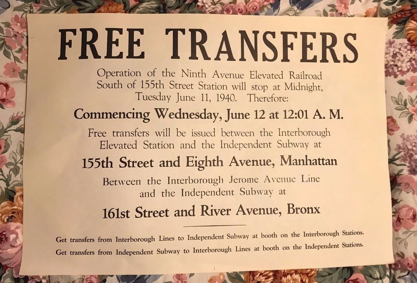 Reproduction NY Subway Notice Regarding End of Ninth Ave Elevated ...