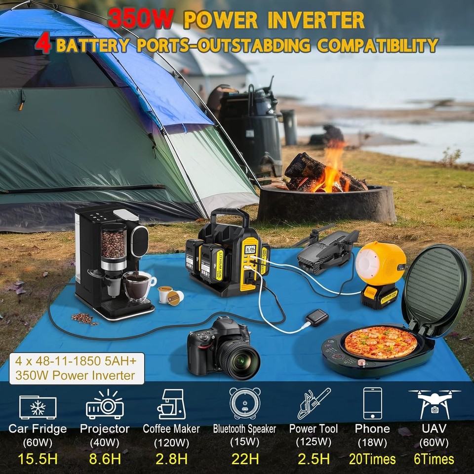 4 Ports 350W Portable Power Bank Inverter for Dewalt 20V Battery to AC ...