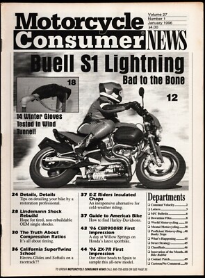 JANUARY 1996 MOTORCYCLE CONSUMER NEWS, BUELL S1 LIGHTNING, HONDA ...